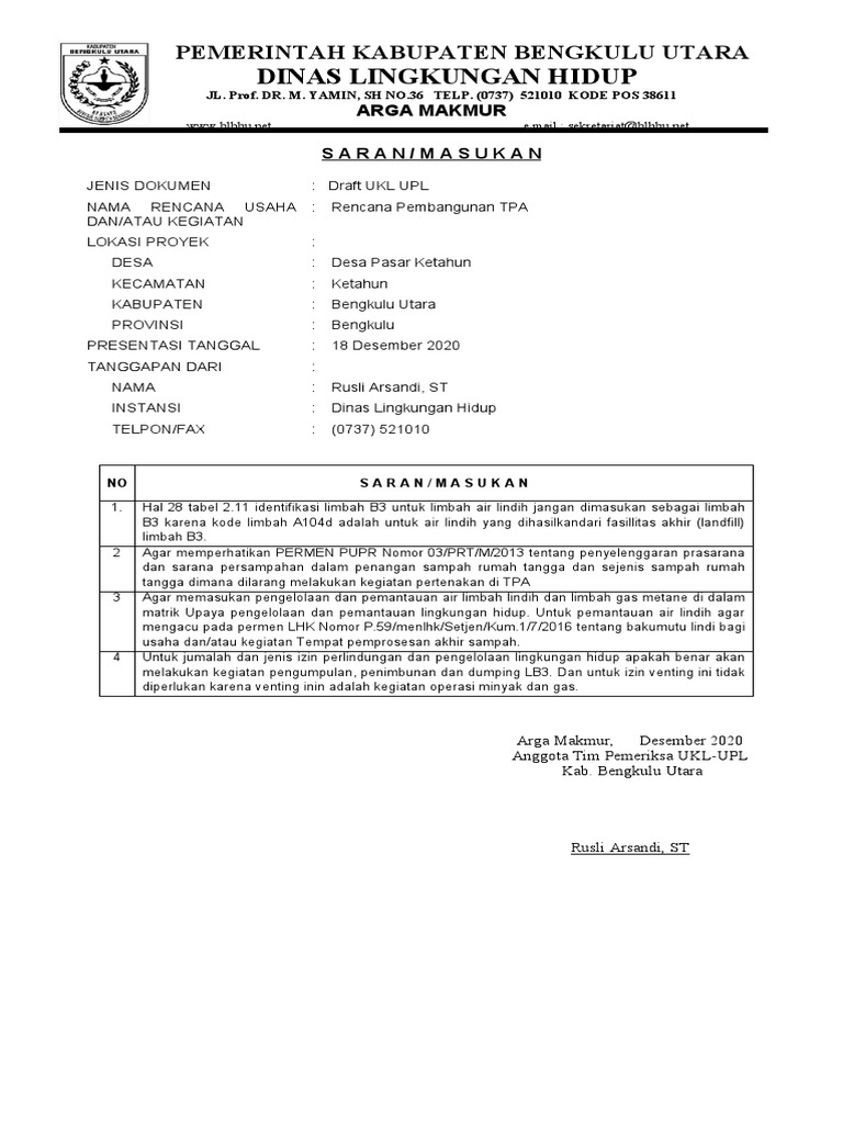 SARAN DAN MASUKAN UKLUPL TPA | PDF