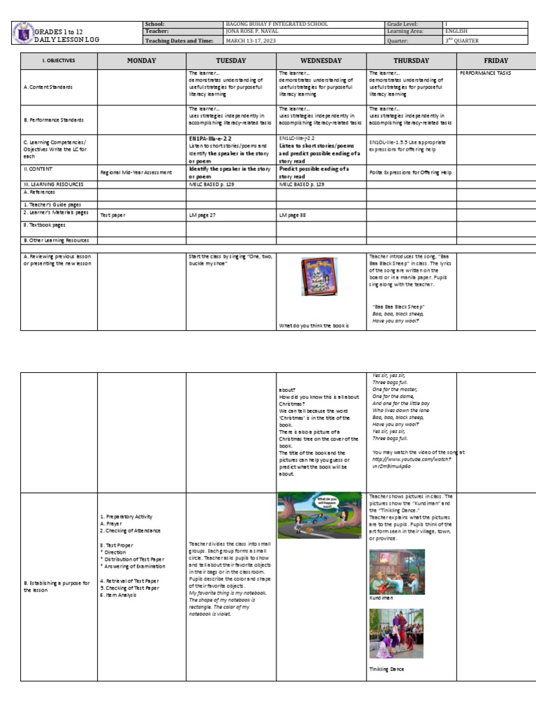 DLL English-1 Q3 W5.melc-Based | PDF | Teachers | Learning
