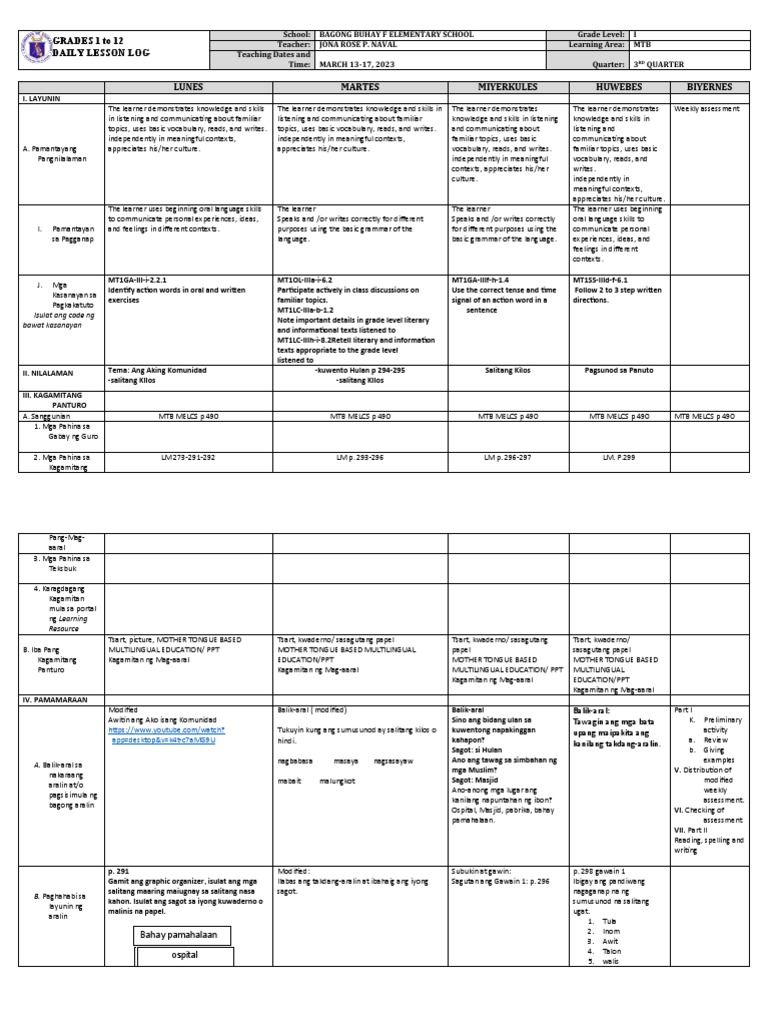 DLL MTB-1 Q3 W4-Judith-Made | PDF | Vocabulary | Learning