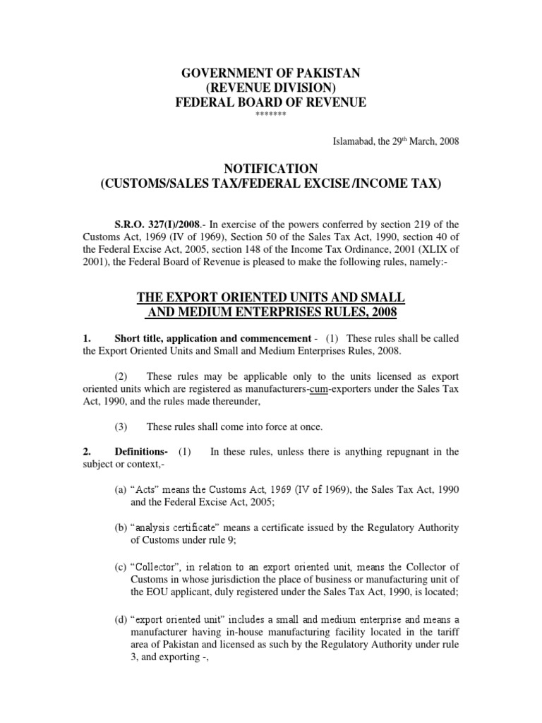 Sro 327-2008 | PDF | Taxes | Customs