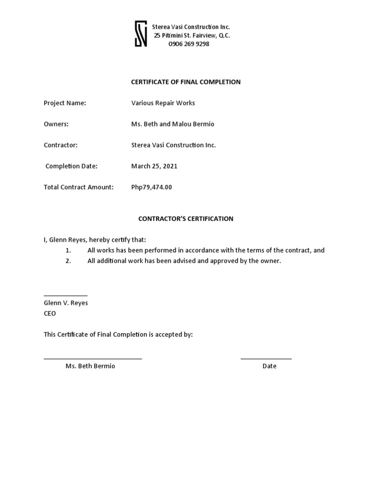 Certificate of Final Completion-2 p4 Various Works | PDF