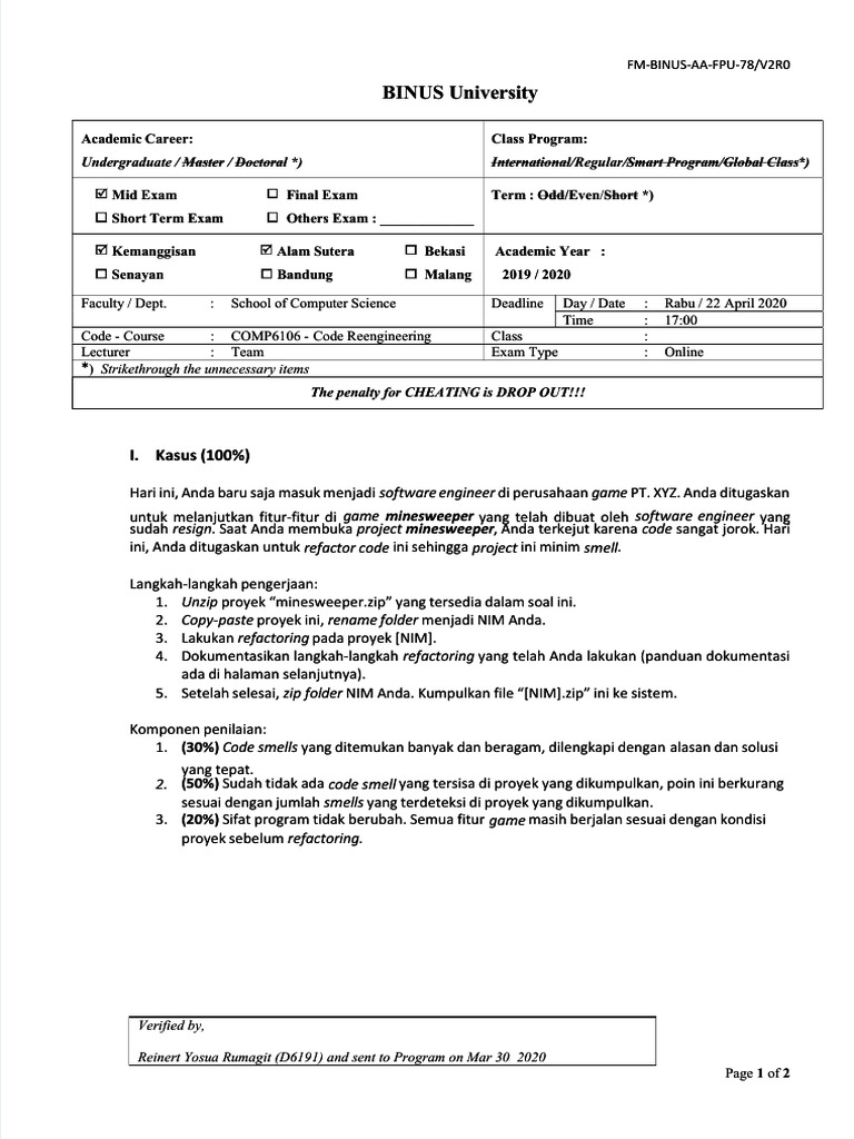 PDF Comp6106 Code Reengineering Reguler Uts Binusian 2022 - Compress | PDF