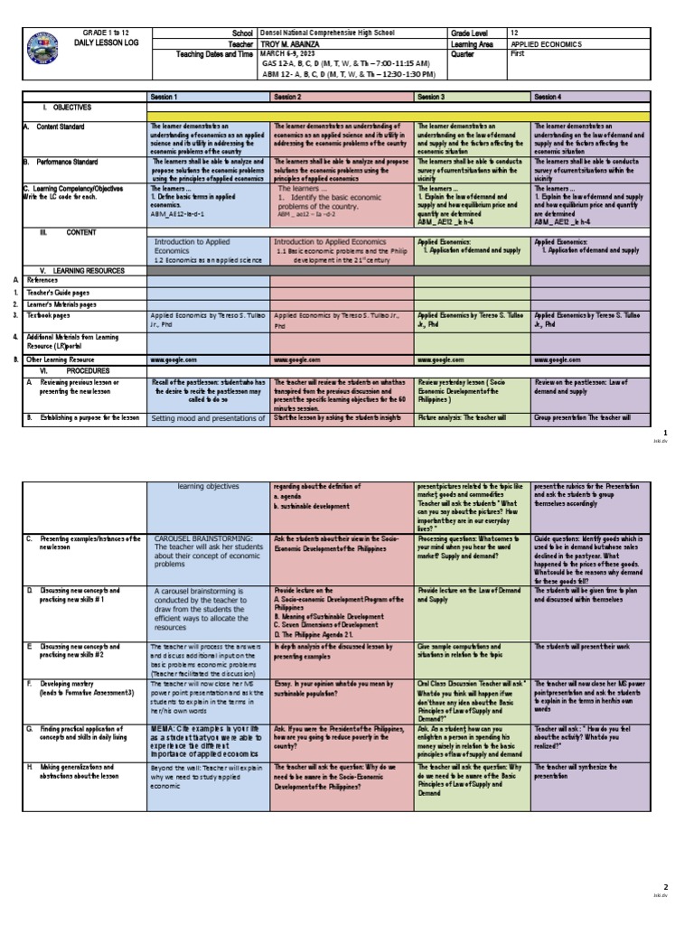Grade 12 Applied Economics Lesson Plan | PDF | Economics | Teachers