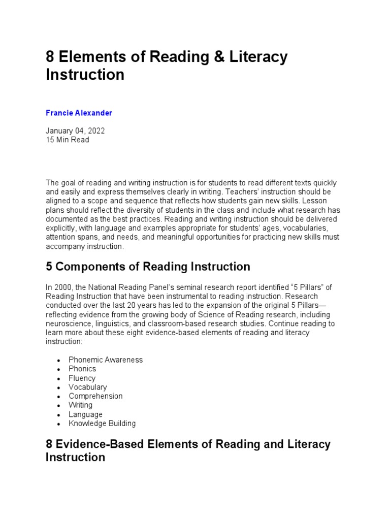8 Elements of Reading | PDF | Reading Comprehension | Phonics
