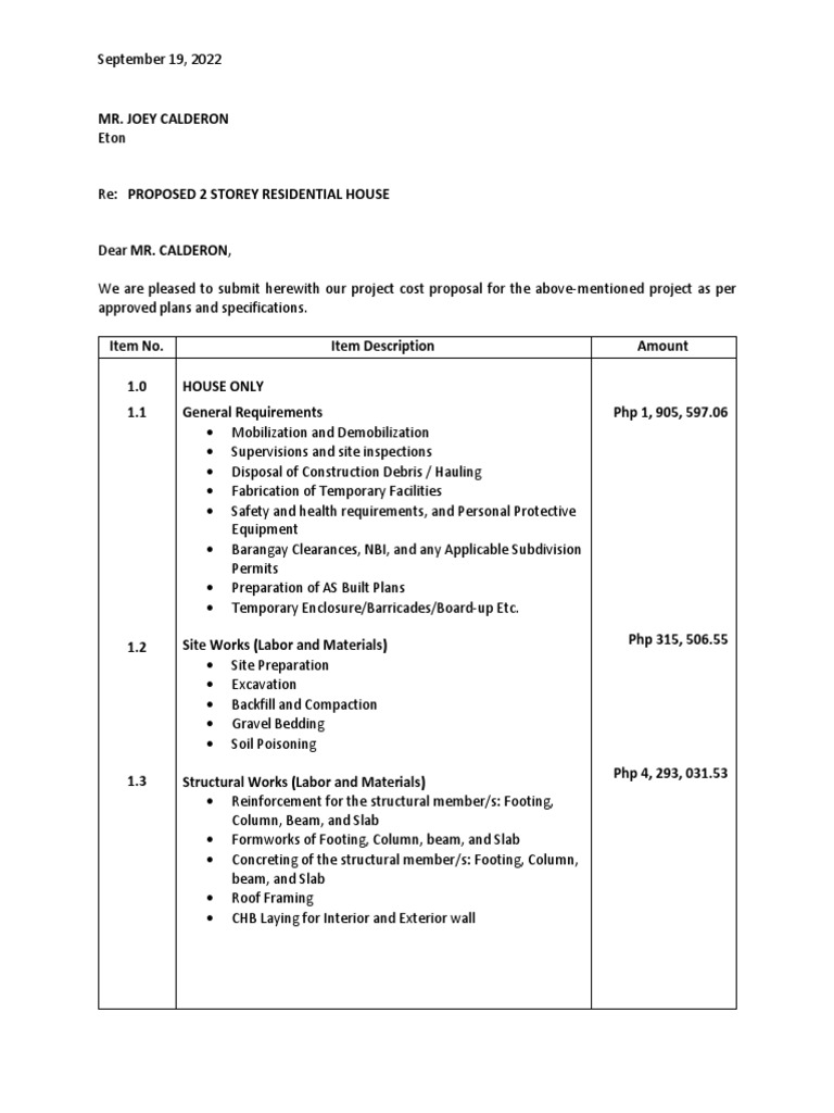 09 19 2022 - Joey Cakderon 2 Storey Residential - PROJECT COST PROPOSAL ...