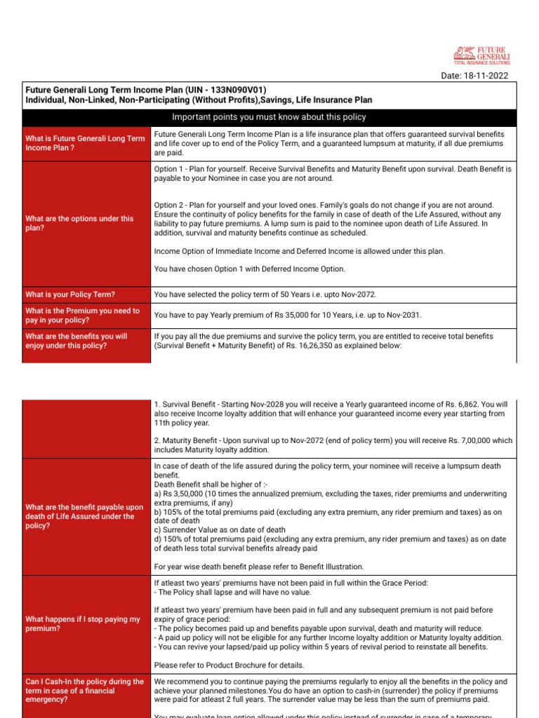 Future Generali Long Term Income Plan | PDF | Insurance | Life Insurance