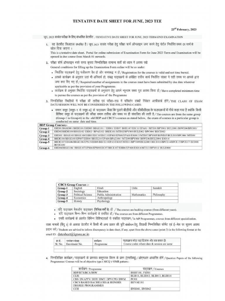 IGNOU Date Sheet June 2023 Tentative | PDF