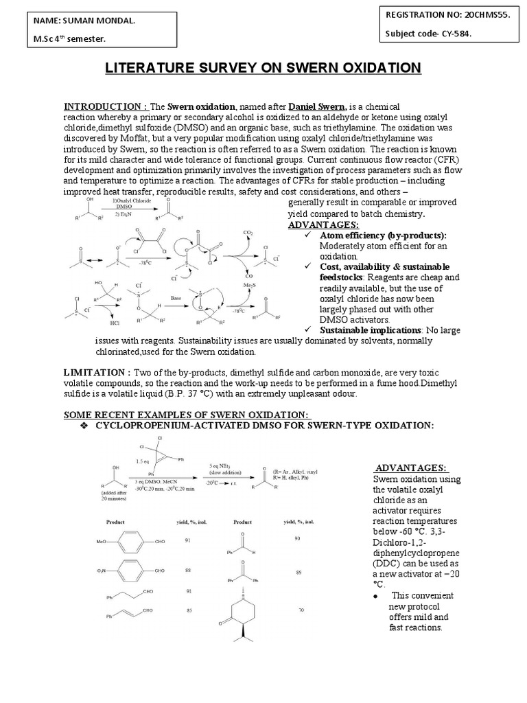 Literature Survey On Swern Oxidation | PDF | Chemistry | Organic Chemistry