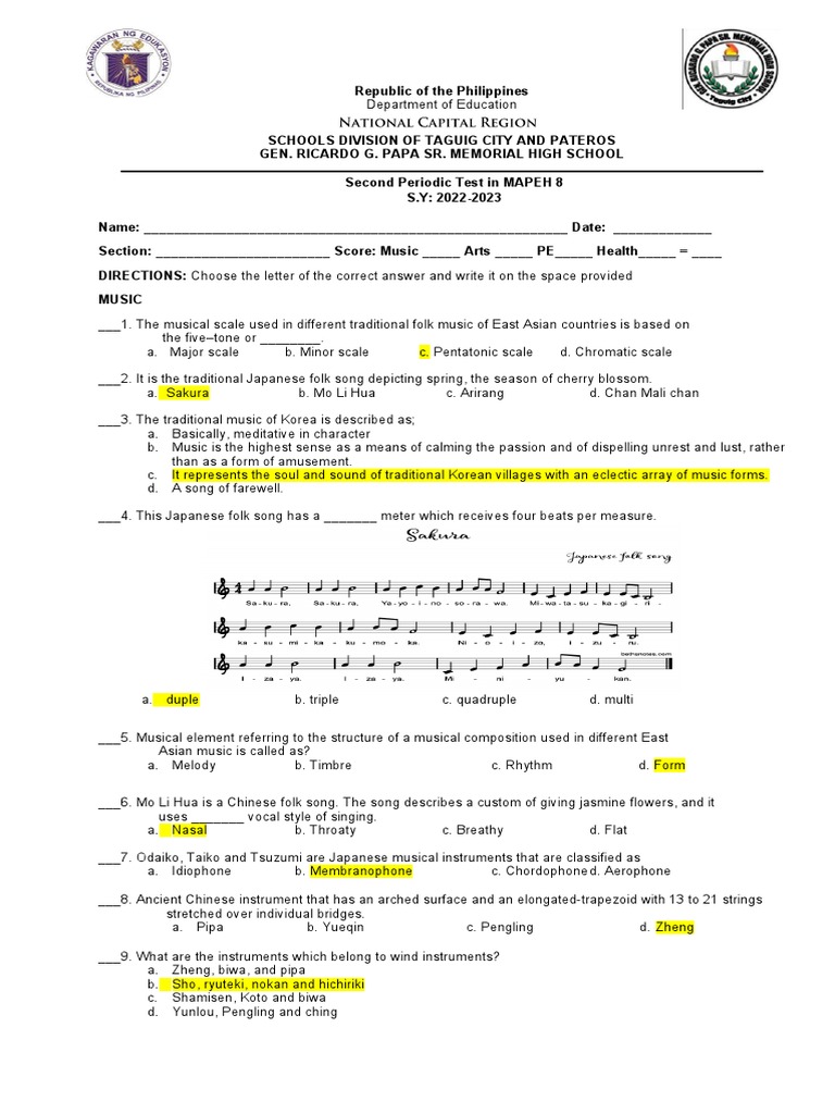 Grade 8 MAPEH Quarter 2 TEST QUESTIONS | PDF | String Instruments | Mask