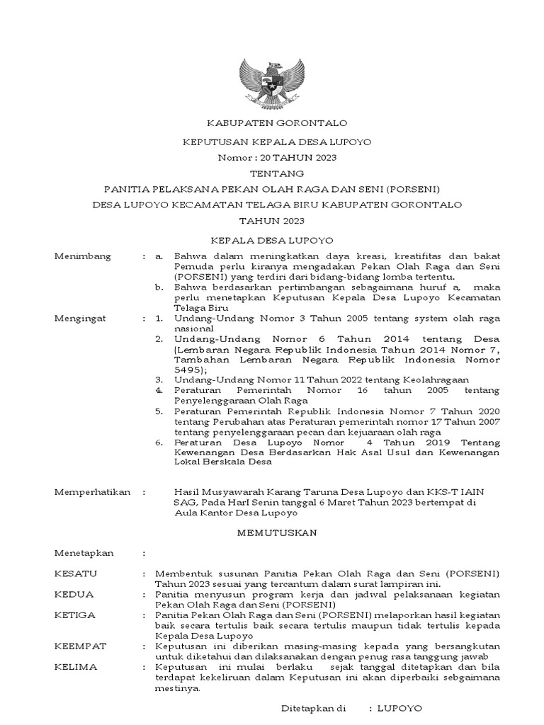 SK Panitia Pelaksana Kegiatan Porseni 2023 | PDF