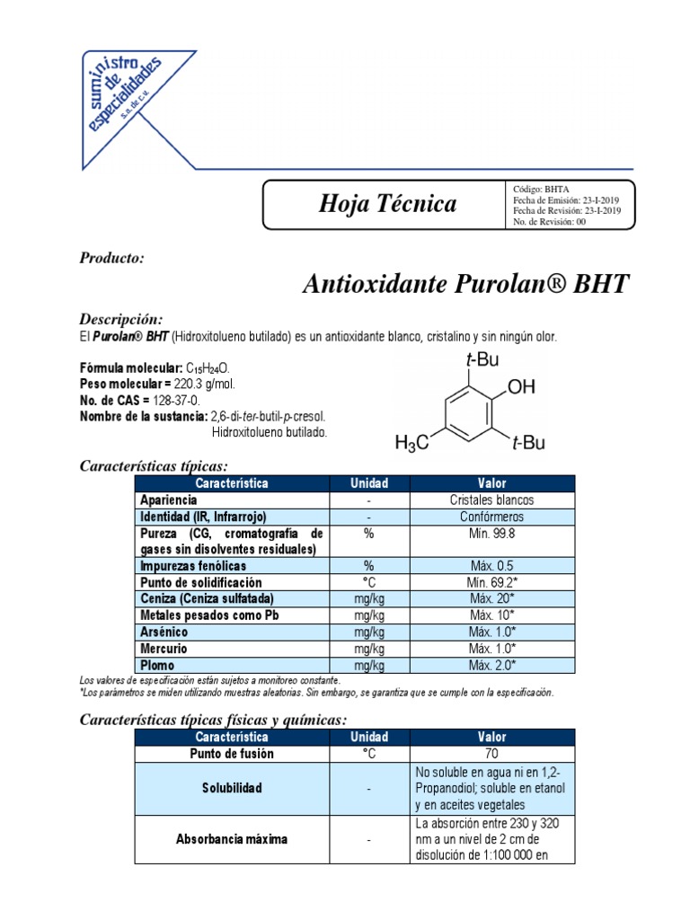 Ficha Tecnica BHTR | PDF | Antioxidante | Solubilidad