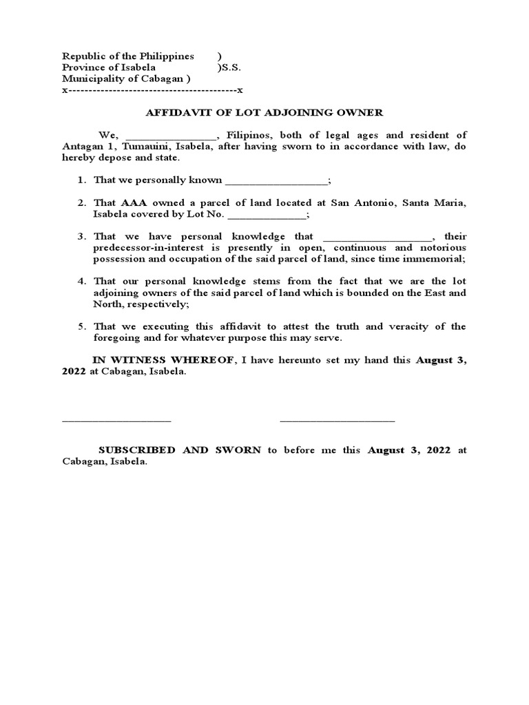 Affidavit of Adjoining Owner | PDF | Social Science | Law