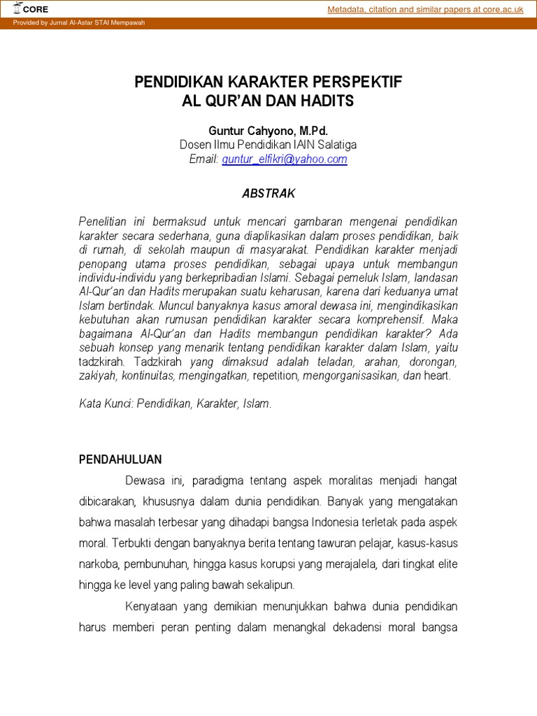 Pendidikan Karakter Perspektif Al Qur'An Dan Hadits: Guntur Cahyono, M.PD | PDF
