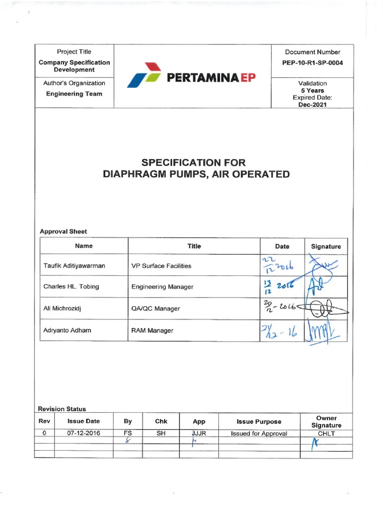 PEP-10-R1-SP-0004 Specification For Diaphragm Pumps, Air Operated | PDF