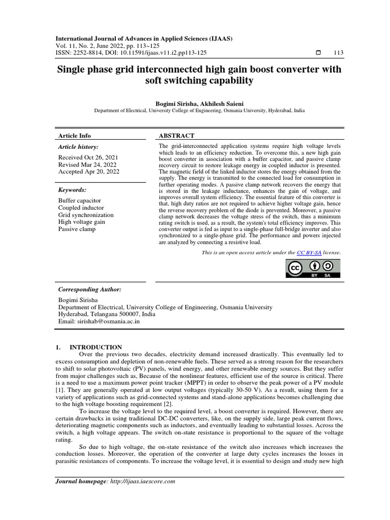 Single Phase Grid Interconnected High Gain Boost Converter With Soft ...