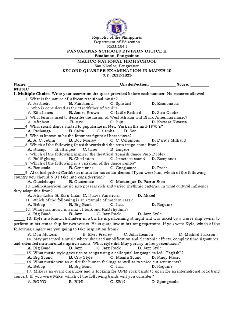 SECOND QUARTER Test in MAPEH 10 | PDF | Jazz | Composition (Visual Arts)
