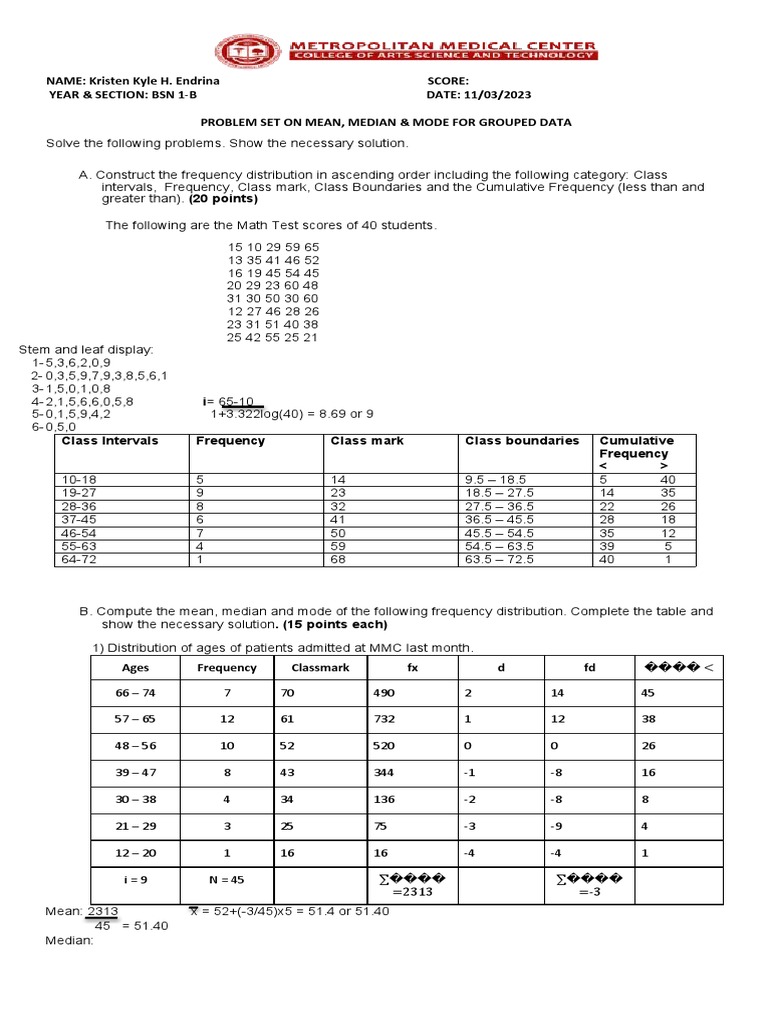 Mean, Median & Mode Problem Set | PDF | Mathematics | Sampling (Statistics)