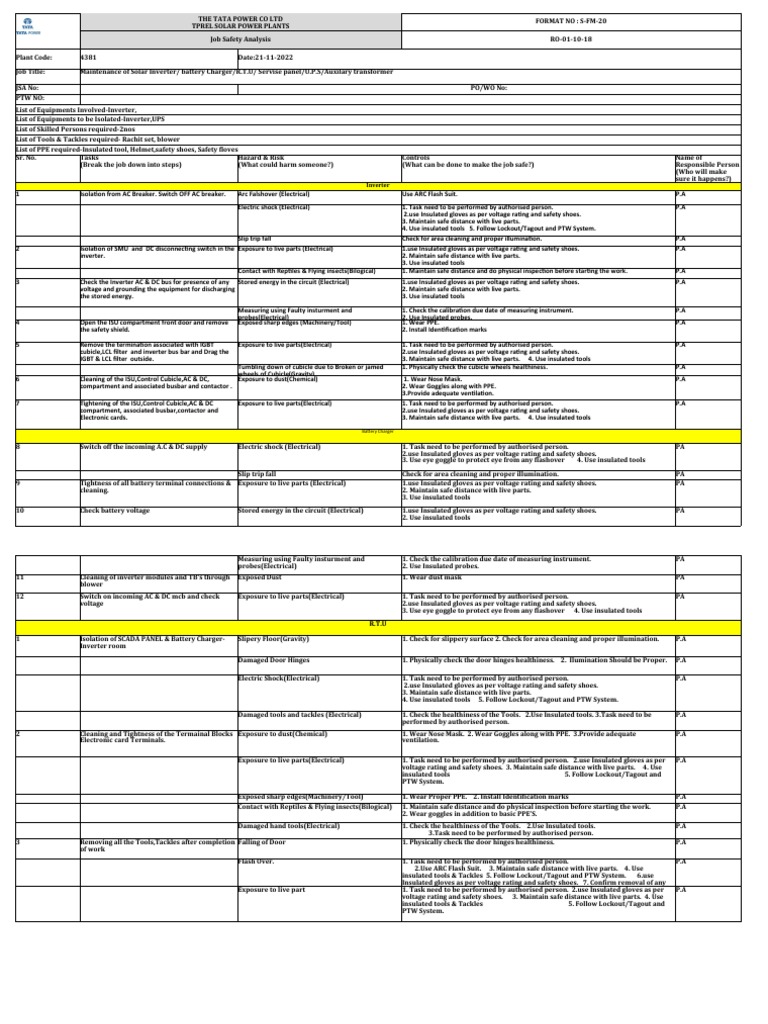 A-1.JSA of Inverter, BTR CHG, RTU, XR, S.P, U.P.S | PDF | Insulator (Electricity) | Personal ...