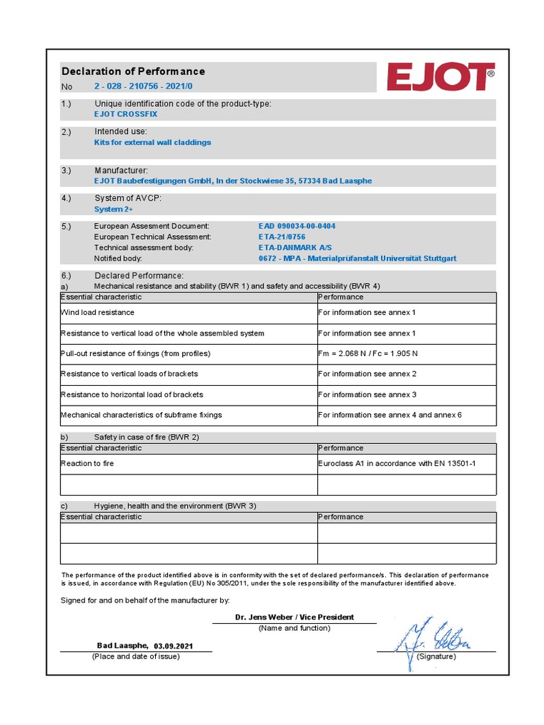 Declaration of Performance for EJOT CROSSFIX | PDF | Strength Of Materials | Elasticity (Physics)