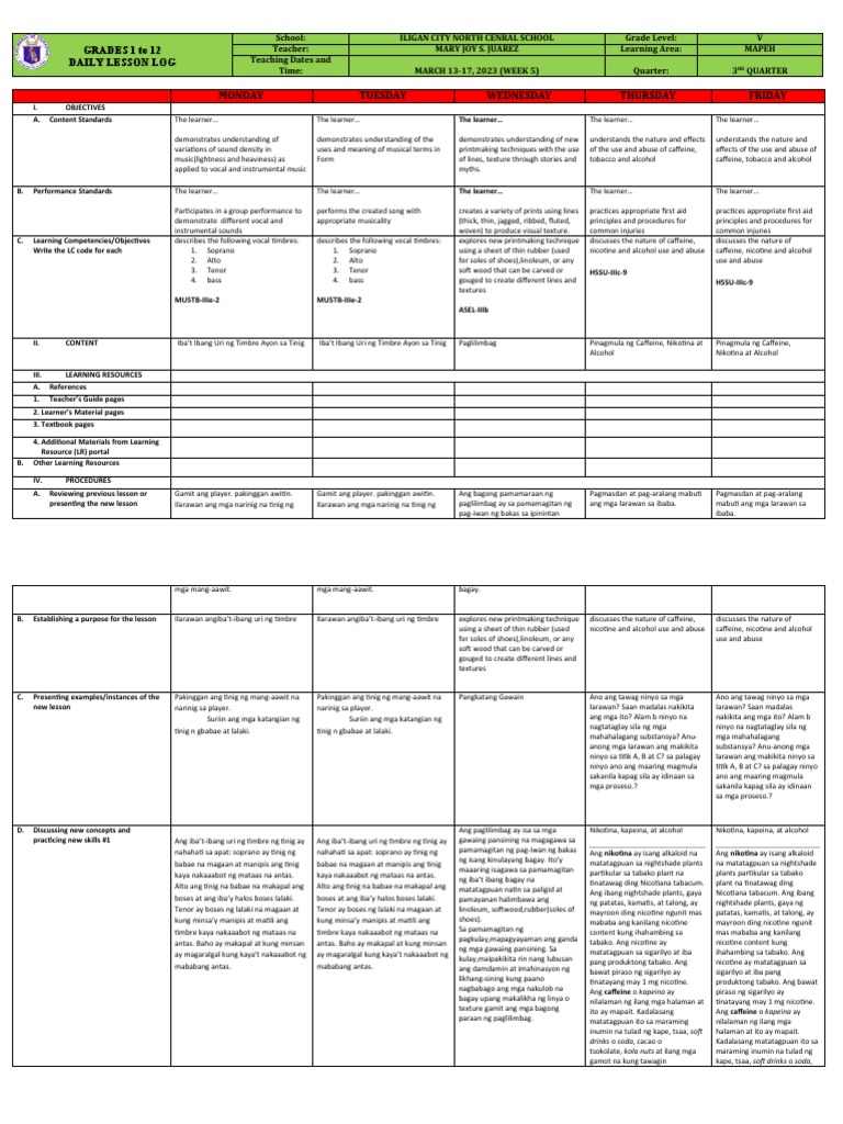 DLL - Mapeh 5 - Q3 - W5 | Download Free PDF | Learning