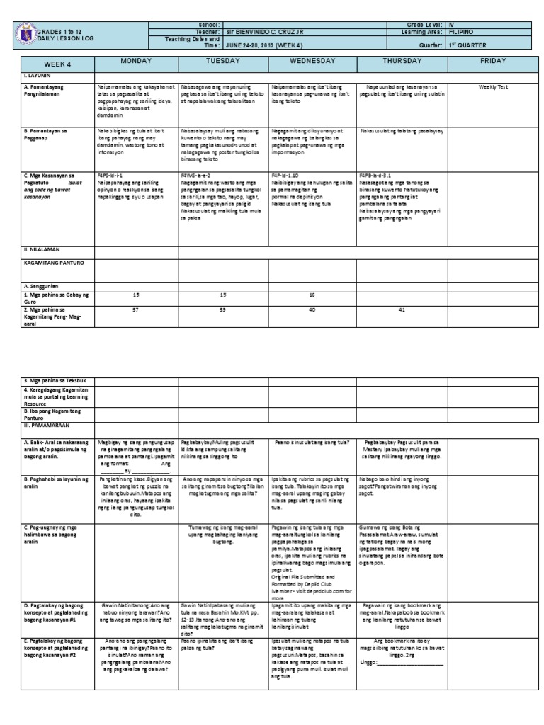 DLL - Filipino 4 - Q1 - W4 | PDF