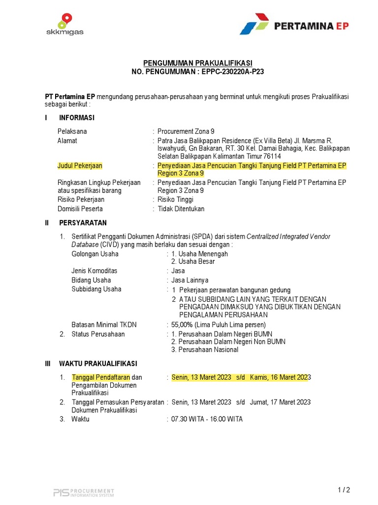 Prequalification Document for Tank Cleaning Service in Pertamina EP Region 3 Zone 9 | PDF