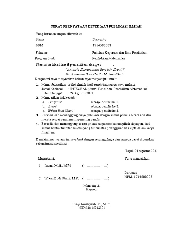 Surat Pernyataan Kesediaan Publikasi Ilmiah | PDF