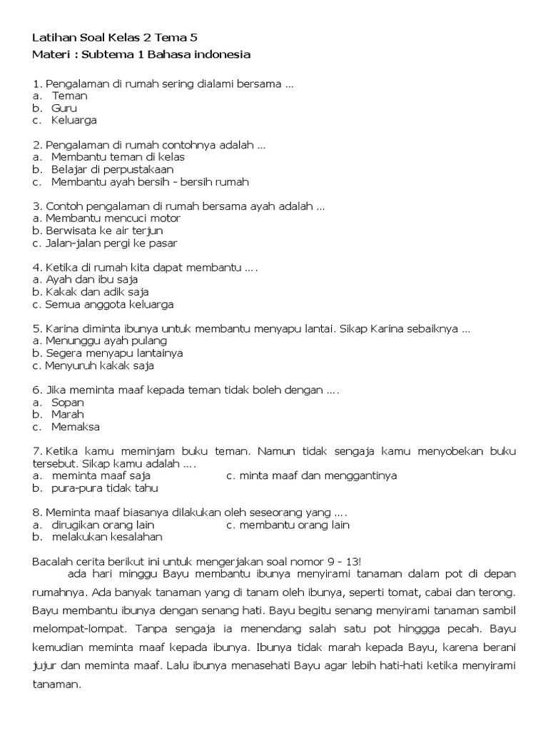 Latihan Soal Kelas 2 Tema 5 | PDF