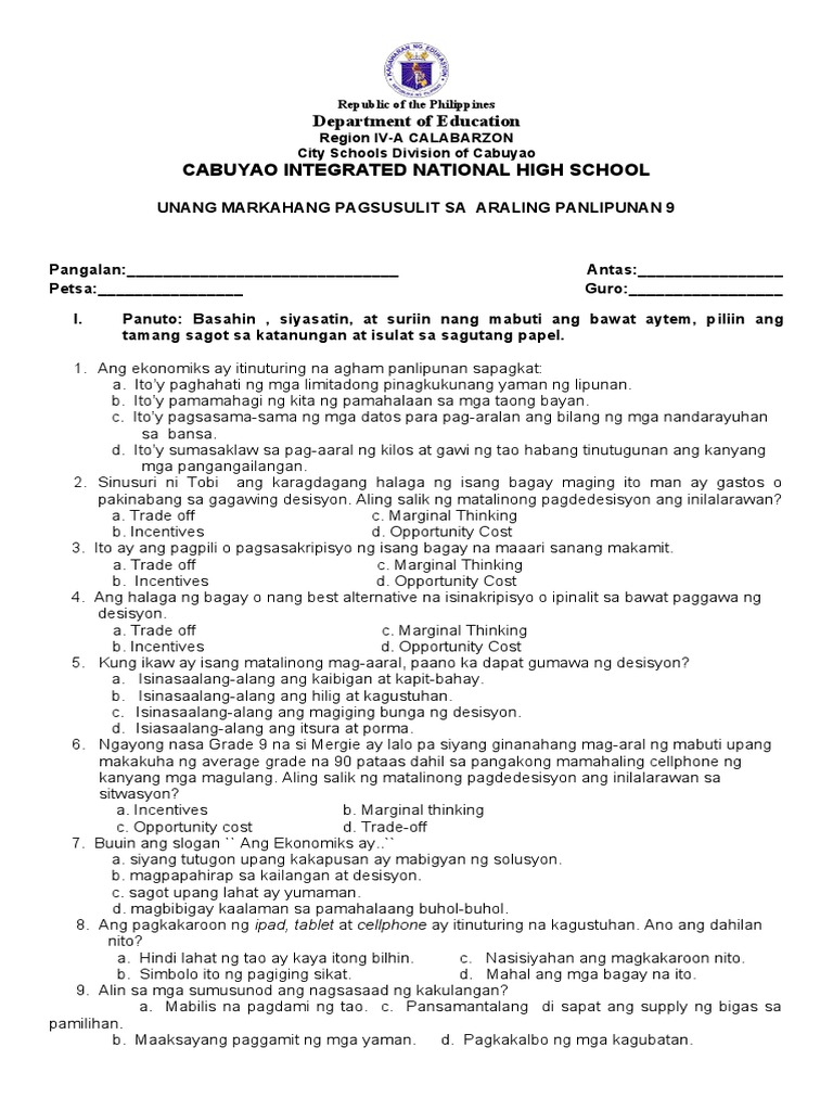 First Summative Test AP 9 - Final | PDF First Summative Test AP 9 - Final | PDF