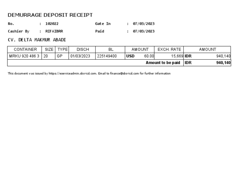 Container Demurrage Receipt Pdf