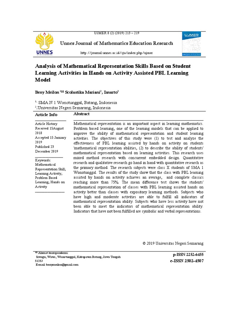 Analysis of Mathematical Representation Skills Based On Student Learning Activities in Hands On ...