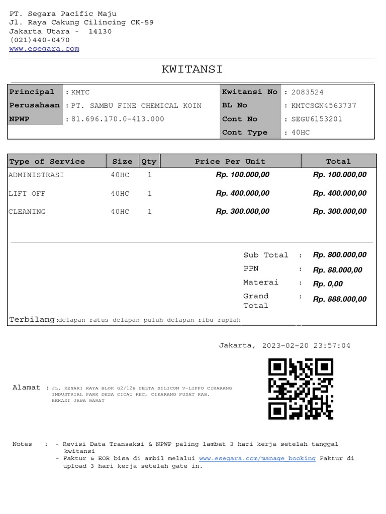 Kwitansi Pembayaran Jasa Layanan Logistik PT. Segara Pacific Maju | PDF