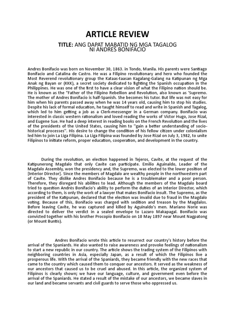 Ang Dapat Mabatid NG Mga Tagalog Ni Andres Bonifacio - Article Review ... Ang Dapat Mabatid NG Mga Tagalog Ni Andres Bonifacio - Article Review ...