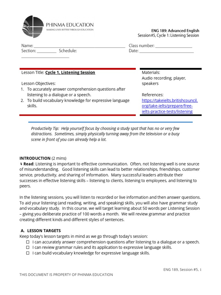 SAS #5 - Listening - ENG189 - Swu PDF | PDF | Reading Comprehension | Vocabulary