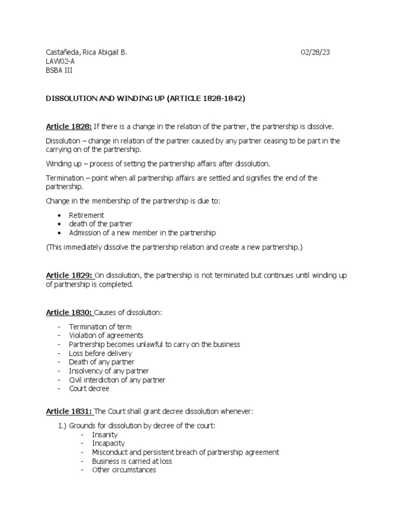 Article 1828-1842 Dissolution and Winding Up | PDF | Partnership | Liquidation