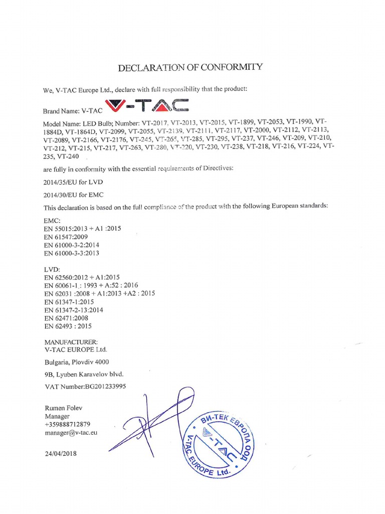 Declaration-Bulb-Samsung V-Tac | PDF