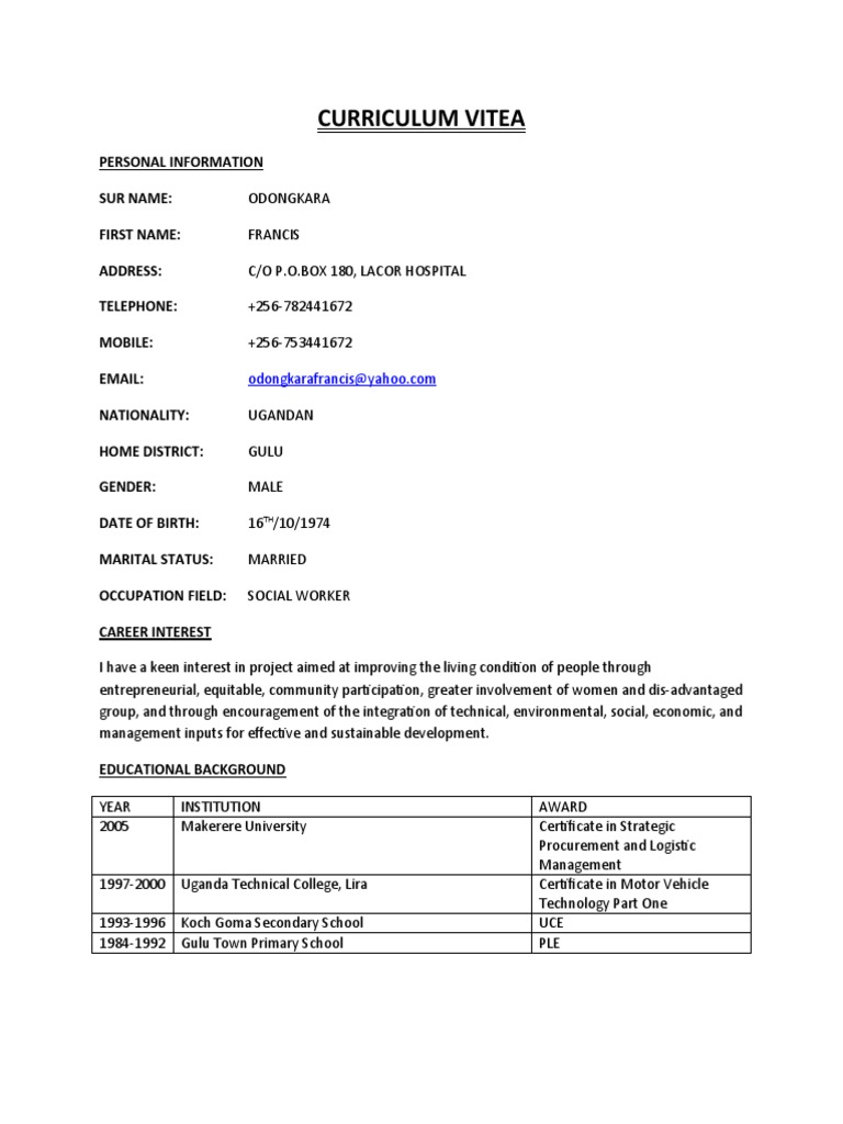 Francis Odongkara CV - Social Worker | PDF | Uganda