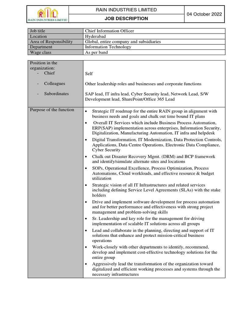CIO Job Description (JD) PDF | PDF | Chief Information Officer | Computing