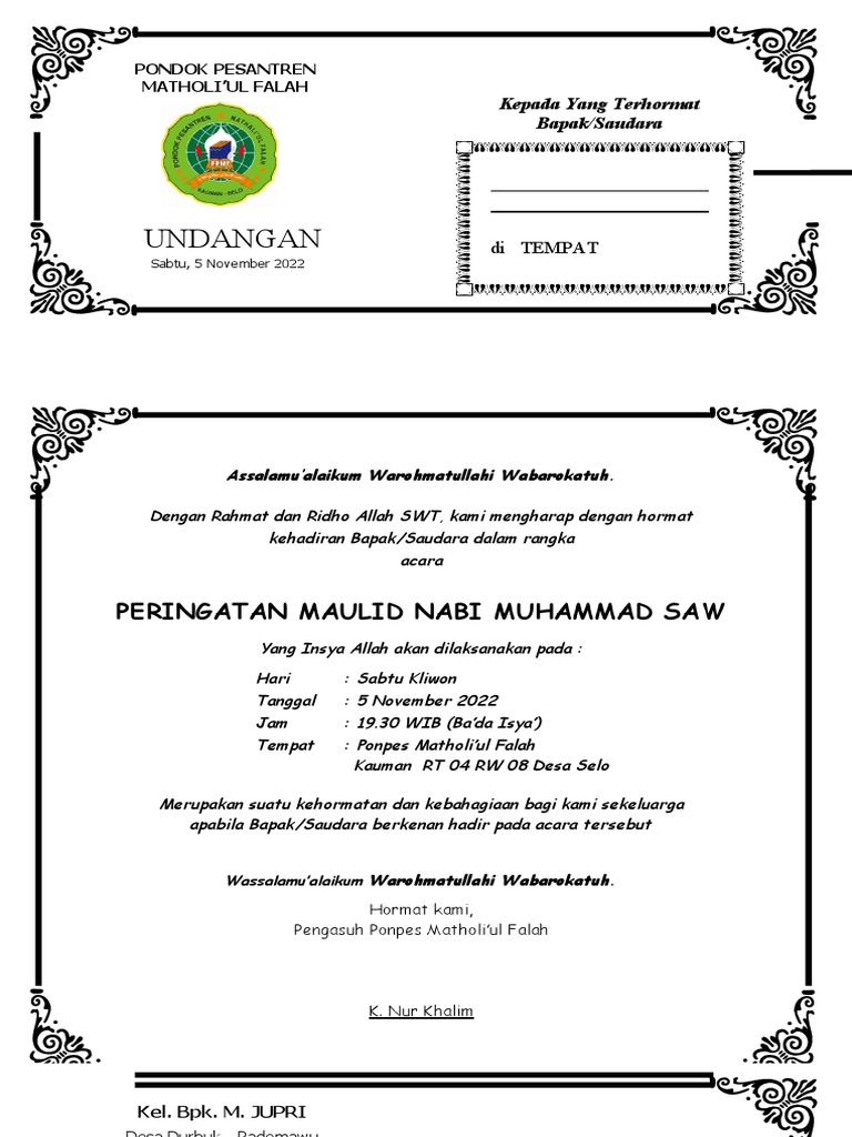 Undangan Peringatan Maulid Nabi 2022 | PDF