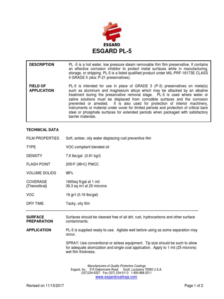 Esgard PL-5 TDS 111617 | PDF | Rust | Corrosion