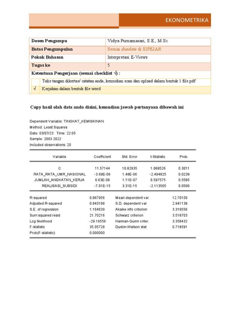 Tugas 5 Ekonometrika Interpretasi Eviews-1 | PDF