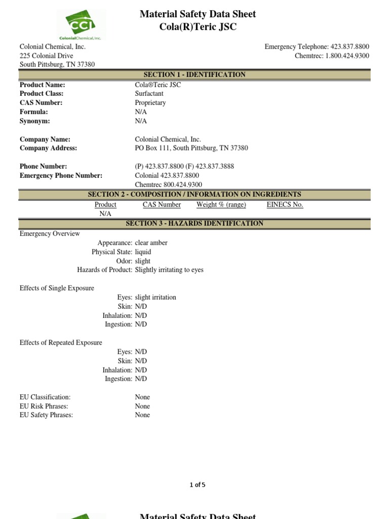 MSDS Colateric JSC | PDF | Firefighting | Combustion