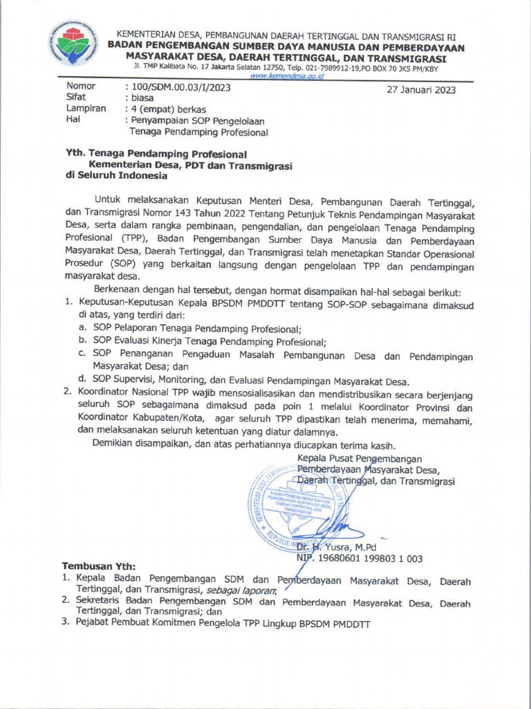 2 Surat Kapus PPMDDTT - Penyampaian SOP Pengelolaan TPP | PDF
