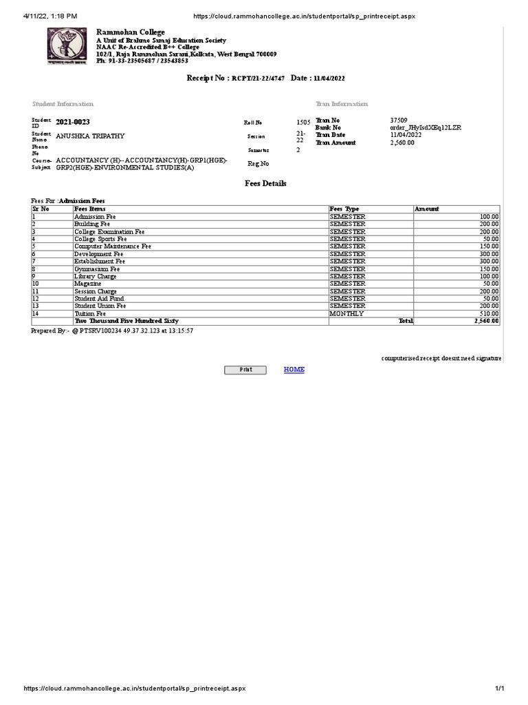 Anushka - 2nd Sem Online Admission Payment Receipt - 11apr22 | PDF | Fee | Services (Economics)