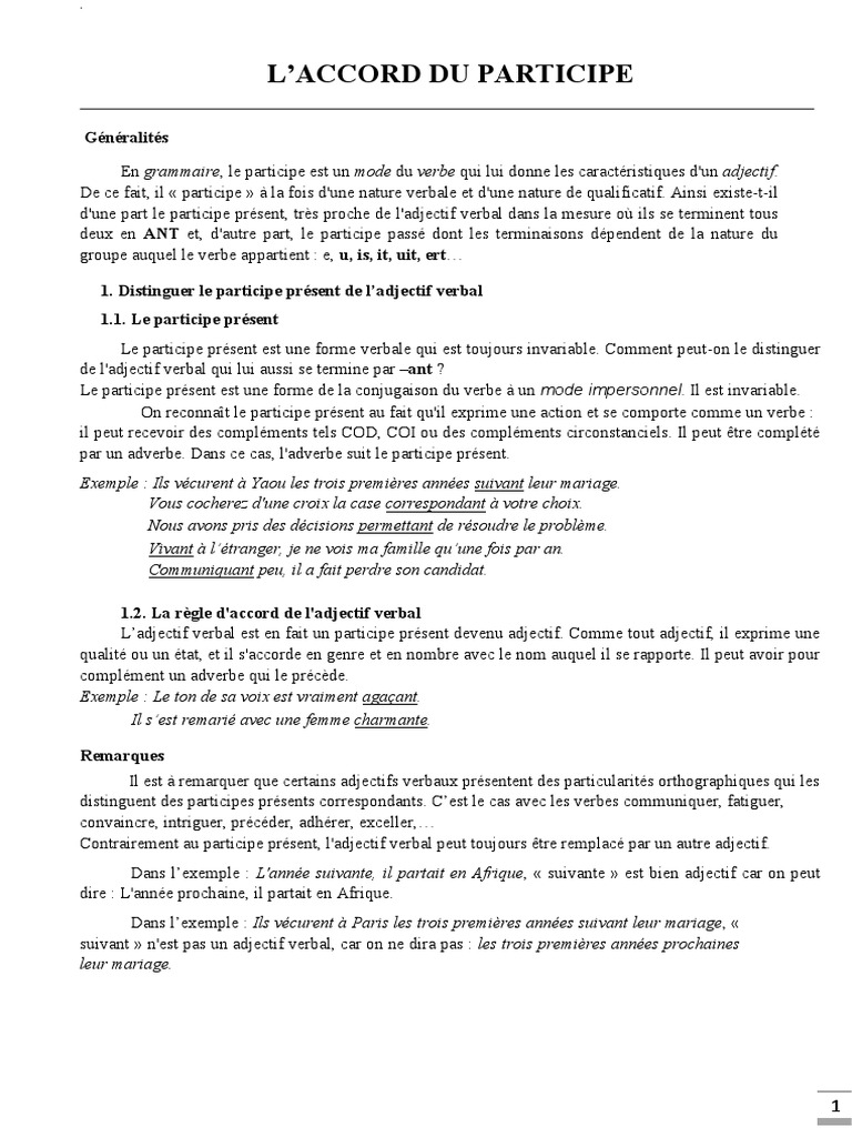 Accord du participe passé : règles et cas | PDF | Verbe | Genre grammatical