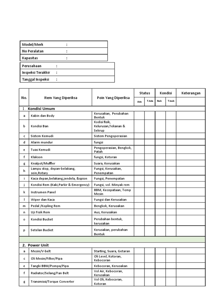 Hs Form Inspeksi Bulanan Wheel Loaderdoc PDF Free | PDF