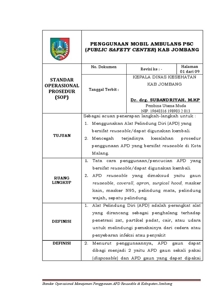 SOP Penggunaan APD Reuseable Jombang | PDF
