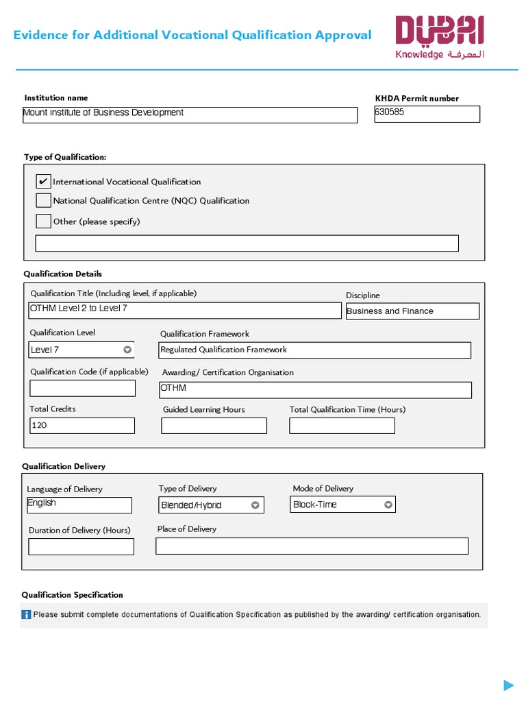 KHDA - Evidence For Additional Vocational Qualification Approval Form - V2 - 12sep2022 | PDF ...