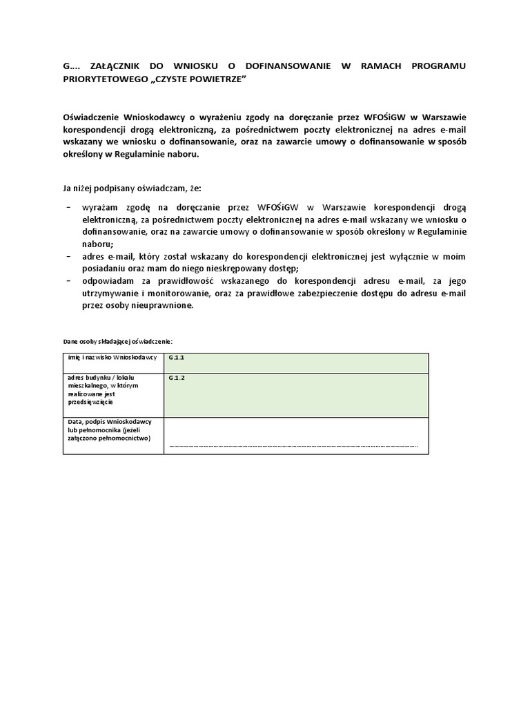 G . Załącznik Do Wniosku O Dofinansowanie W Ramach Programu ...