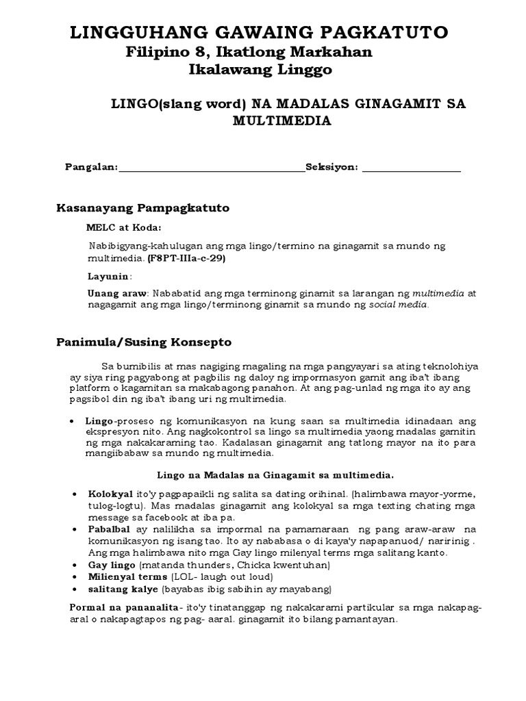 Linggo 2 Filipino 8 Kwarter 3 | PDF